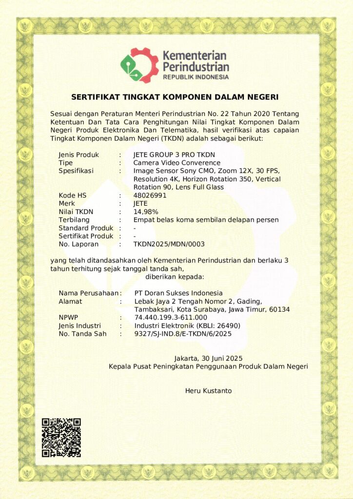 Sertifikasi Resmi JETE Group 3 Pro TKDN - JETE Indonesia