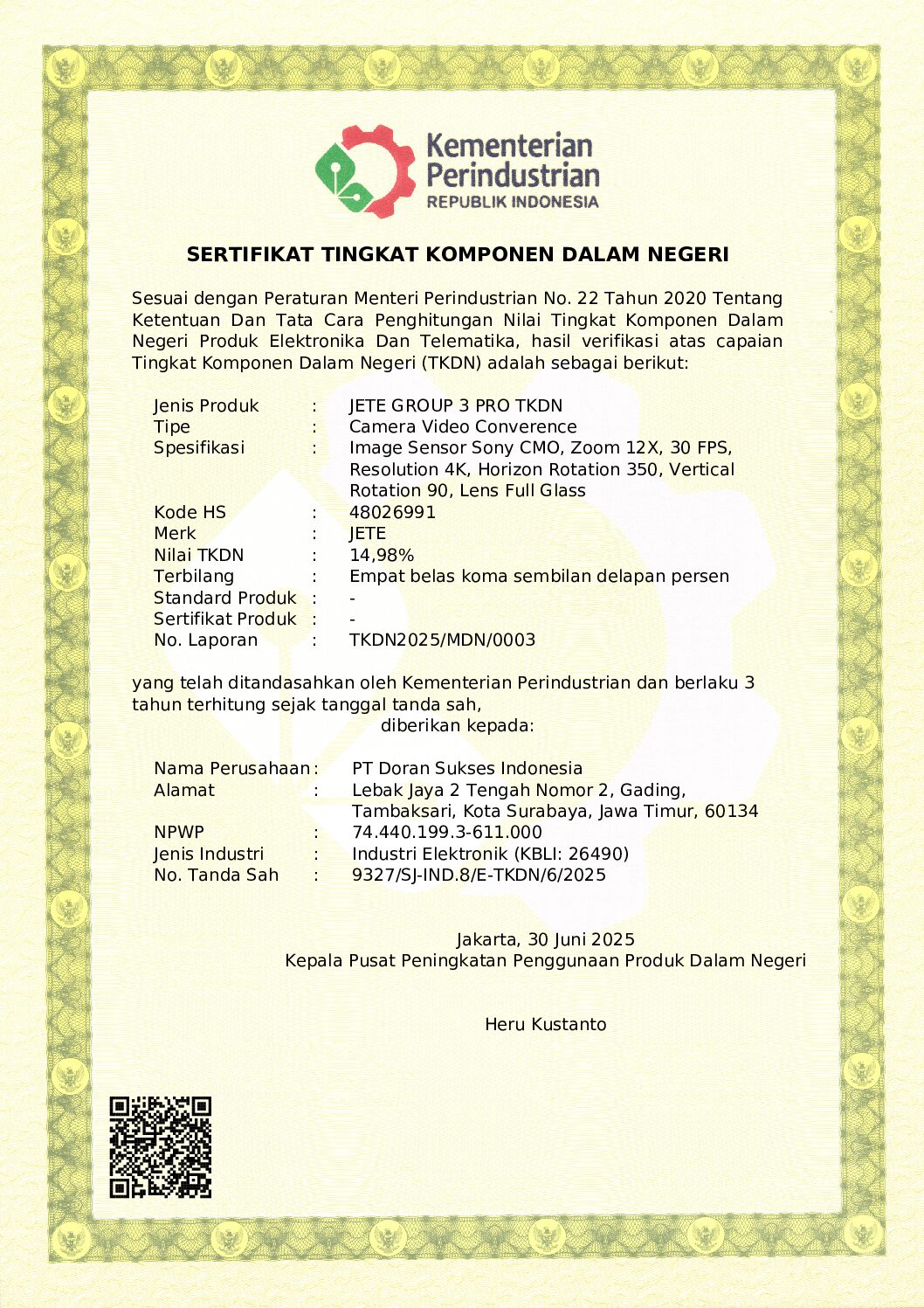 Sertifikasi Resmi JETE Group 3 Pro TKDN - JETE Indonesia
